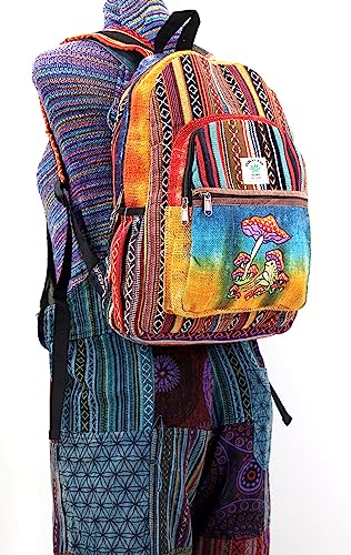 Unique Frog & Mushroom Embroidered Himalaya Hemp Hippie Backpack Festival Backpack FAIR TRADE Handmade with Love. (LARGE)
