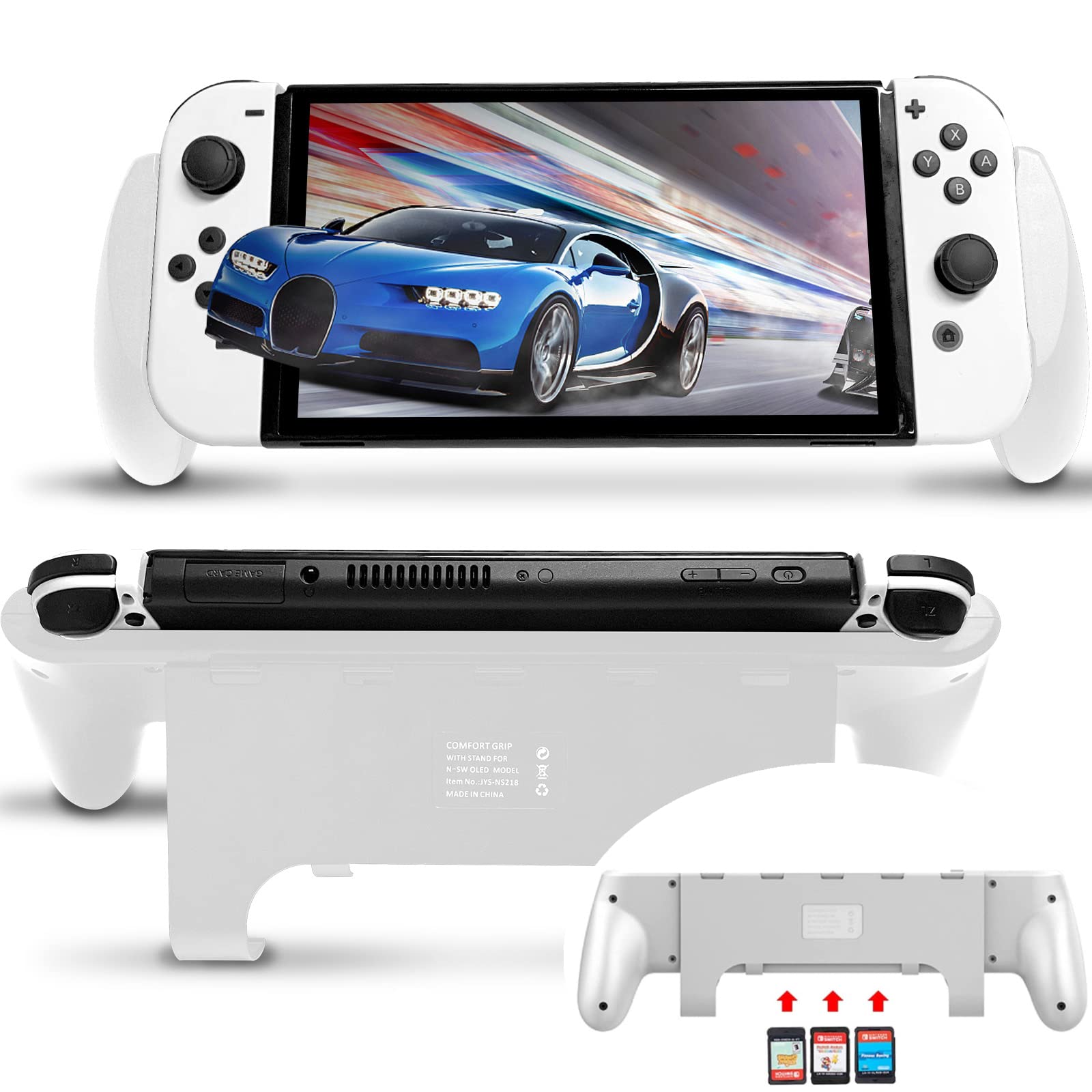 Grip Case for Switch OLED 2021, Adjustable Switch OLED Hand Grips Stand for Switch OLED with 3 Game Cards Slot for Switch Gamer, Protective Shockproof Stretchable Grip Stand Accessories [White]