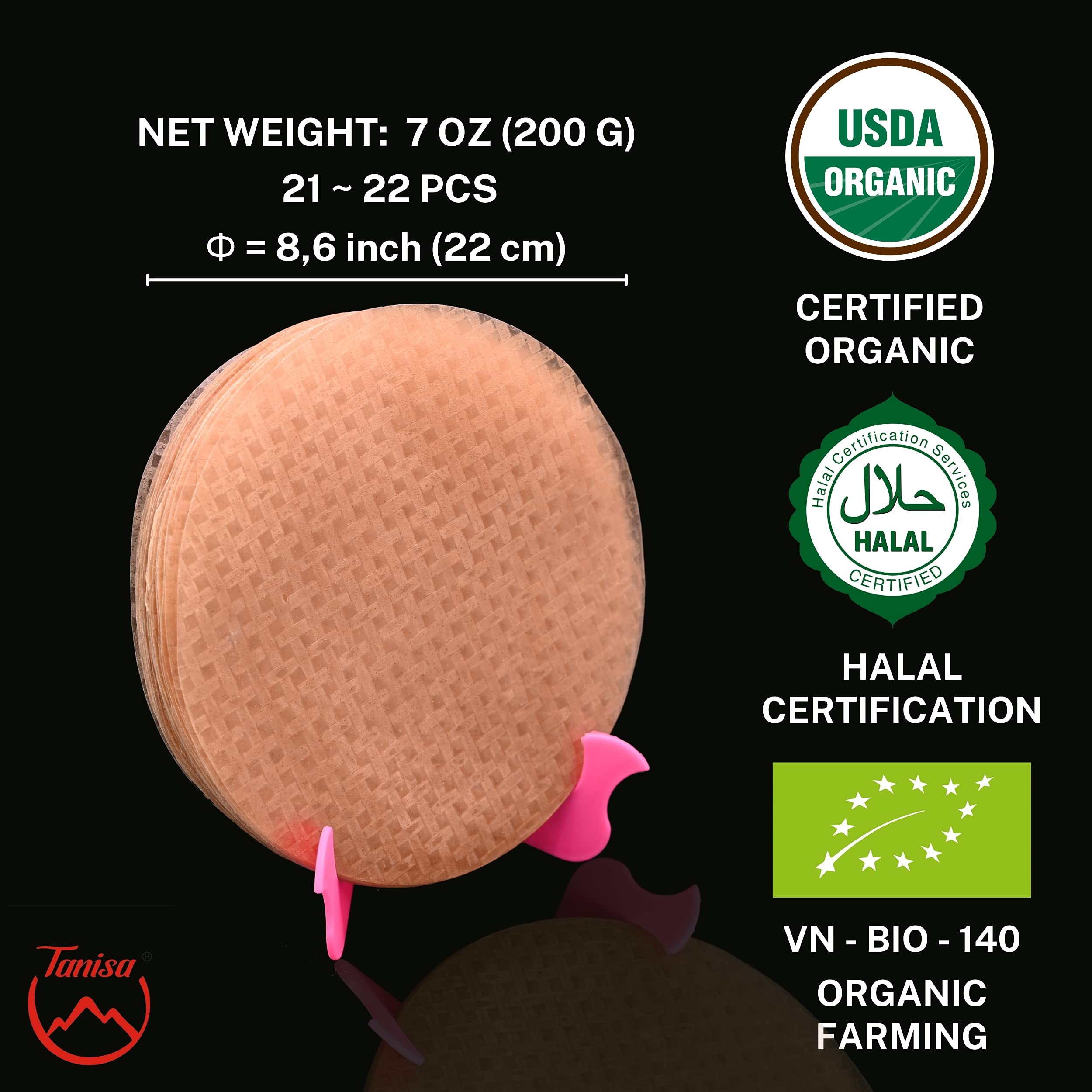 TANISA Organic Brown Rice Paper Wrappers, 22 Sheets Spring Roll Wrappers, Low carb tortilla for Fresh Rolls, Healthy Gluten free wraps, Suitable for Any Meal (8.7 inch - 7.05 oz)