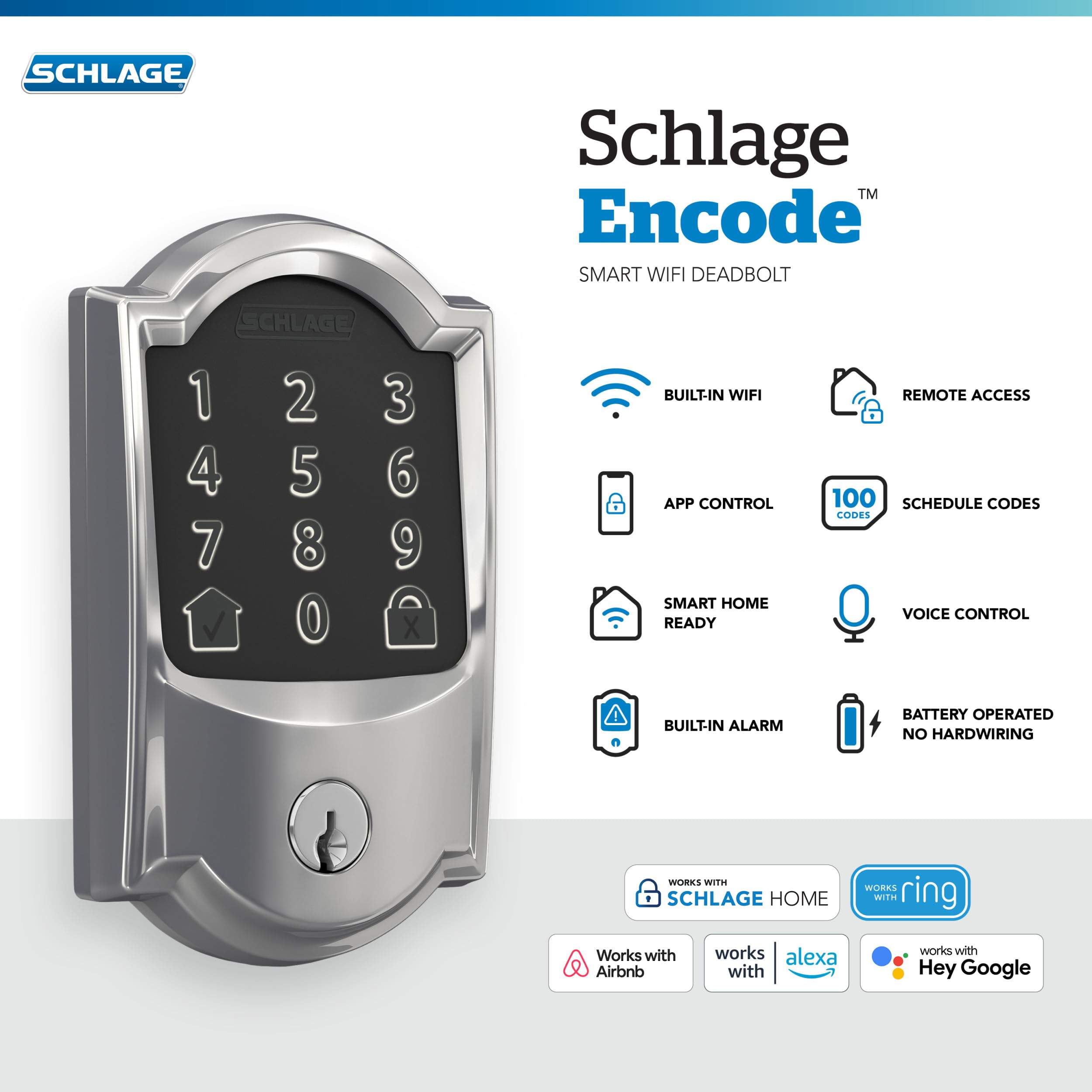 Schlage Encode Smart WiFi Deadbolt with Camelot Trim In Bright Chrome