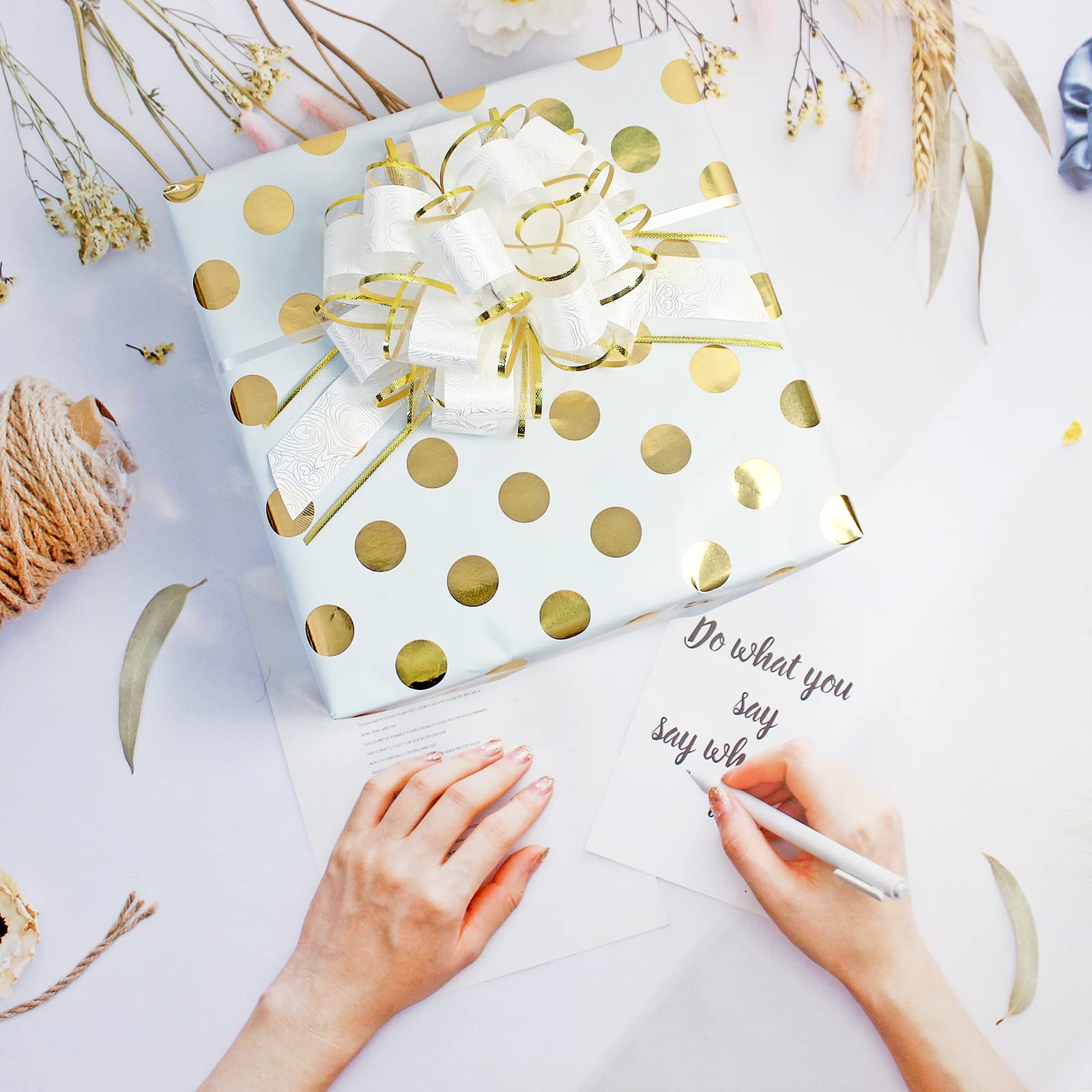 WEWILUCK Gift Bow for Gifts Wrapping, 10 PCS White Pull Bows with Golden Line for Christmas Tree, Xmas Presents, Wedding Decor, Basket Decoration, Birthdays, Holidays Present Wrap Supplies