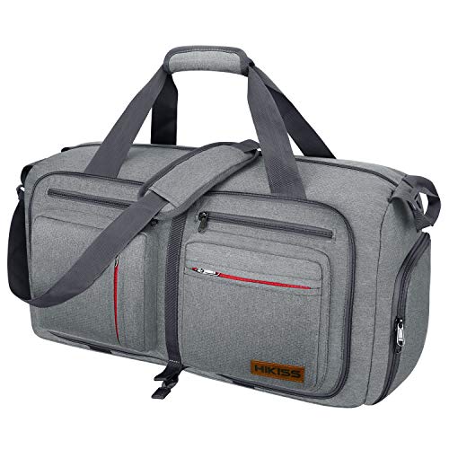 Travel Duffel Bag, 55L Foldable Duffle Bag with Shoes Compartment Packable Weekender Bag for Men Women Water-proof & Tear Resistant HIKISS-Grey