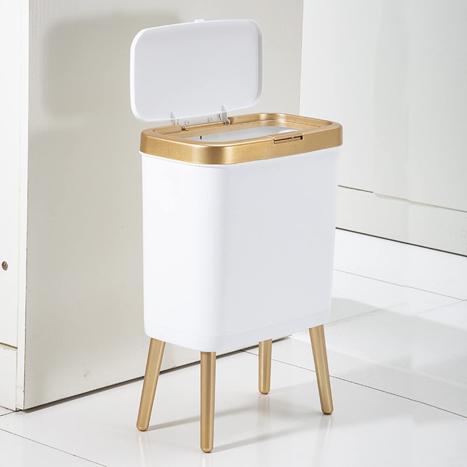 URALFA 4 Gallon Bathroom Trash Can with Lid, Slim Garbage Can with High Foot, Dog Proof Trash Bin with Press-TOP, Modern White and Gold Trash Can for Bedroom, Kitchen, Living Room, Toilet (White)