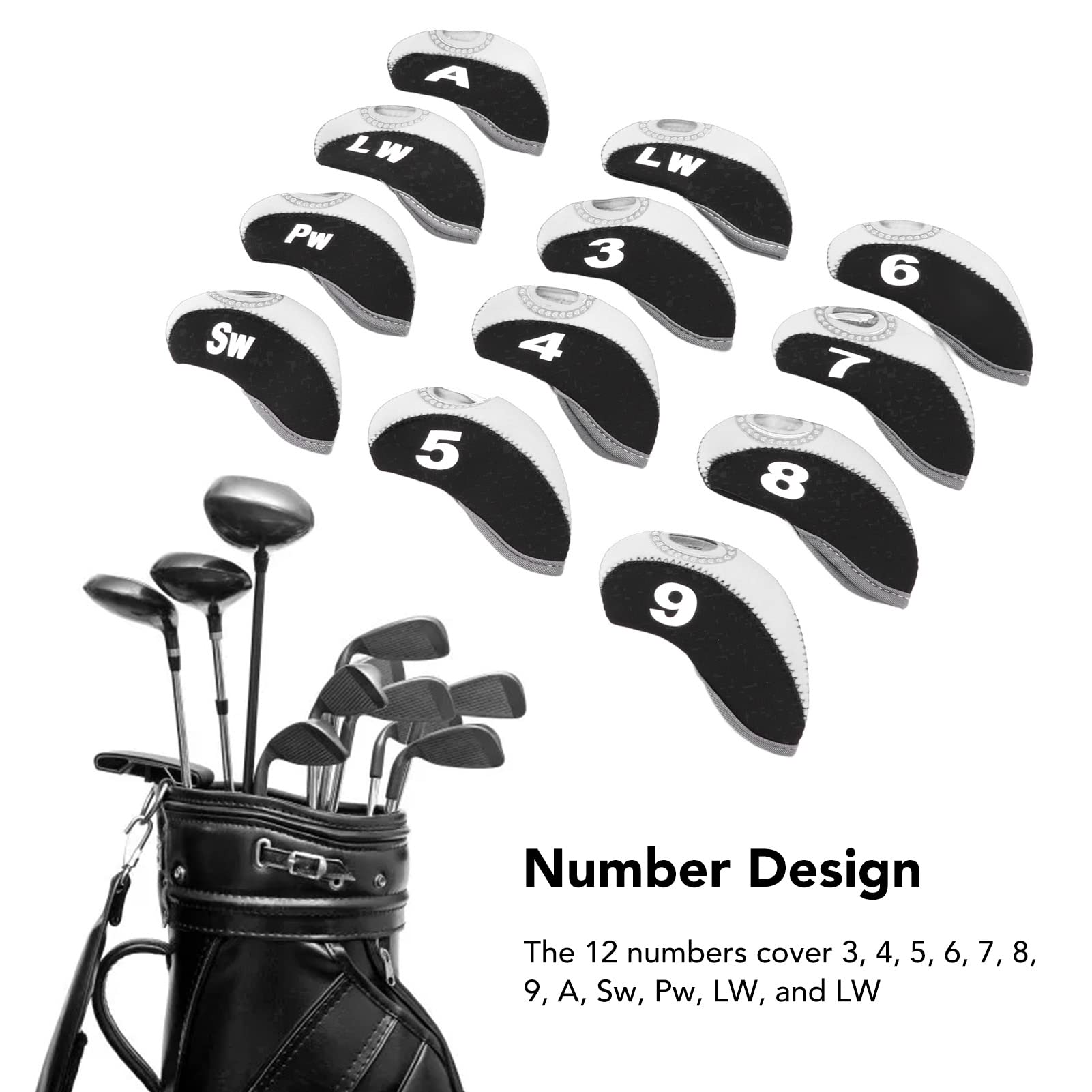 KUIDAMOS Golf Club Head Covers, Thickened Golf Club Protective Head Cover 12 PCS Easy to Use Waterproof for Exercise(Black and White)