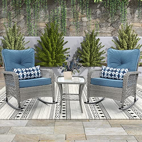 UDPATIO 3 Piece Patio Set Rocking, Rattan Outdoor Rocking Patio Bistro Set with 2 Rockers and 1 Side Table with 4ββ Thick Cushions for Backyard, Porch, Balcony, Poolside(Blue)