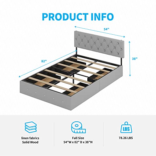Mjkone Full Size Bed Frame, Upholstered Platform Bed Frame with 4 Built-in Storage Drawers & Adjustable Headboard, Button Tufted Design, No Box Spring Needed- Light Grey