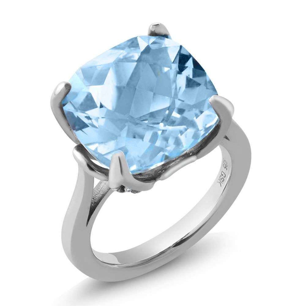 Gem Stone King 925 Sterling Silver Sky Blue Topaz Ring For Women (9.18 Cttw, Cushion Checkerboard Cut 14MM, Gemstone Birthstone, Available In Size 5, 6, 7, 8, 9)