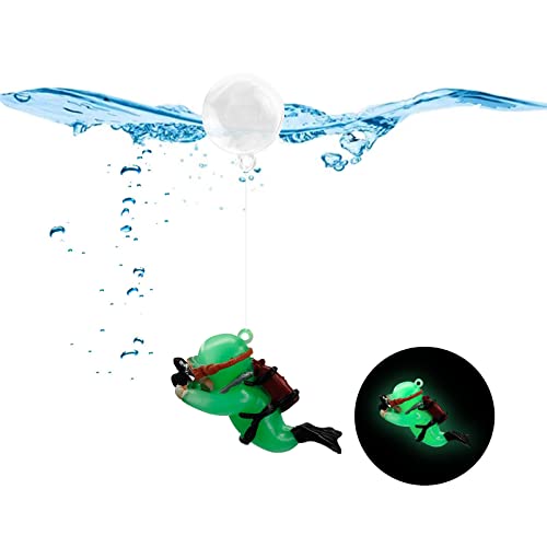 WishLotus Fish Tank Floating Decor, Durable Resin Aquarium Decorative Accessories Fluorescent Cute Camera Diver with Thin Line and Suspended Ball Fish Tank Decor for Aquarium Landscape Decor (Green)