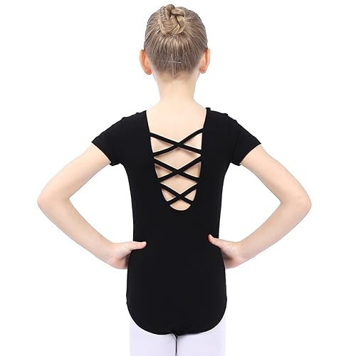 HiDance Ballet Leotards, Girls' Classic Short Sleeve Leotards for Ballet Dance Gymnastics, Crisscross Straps Back Dance Tops black 160