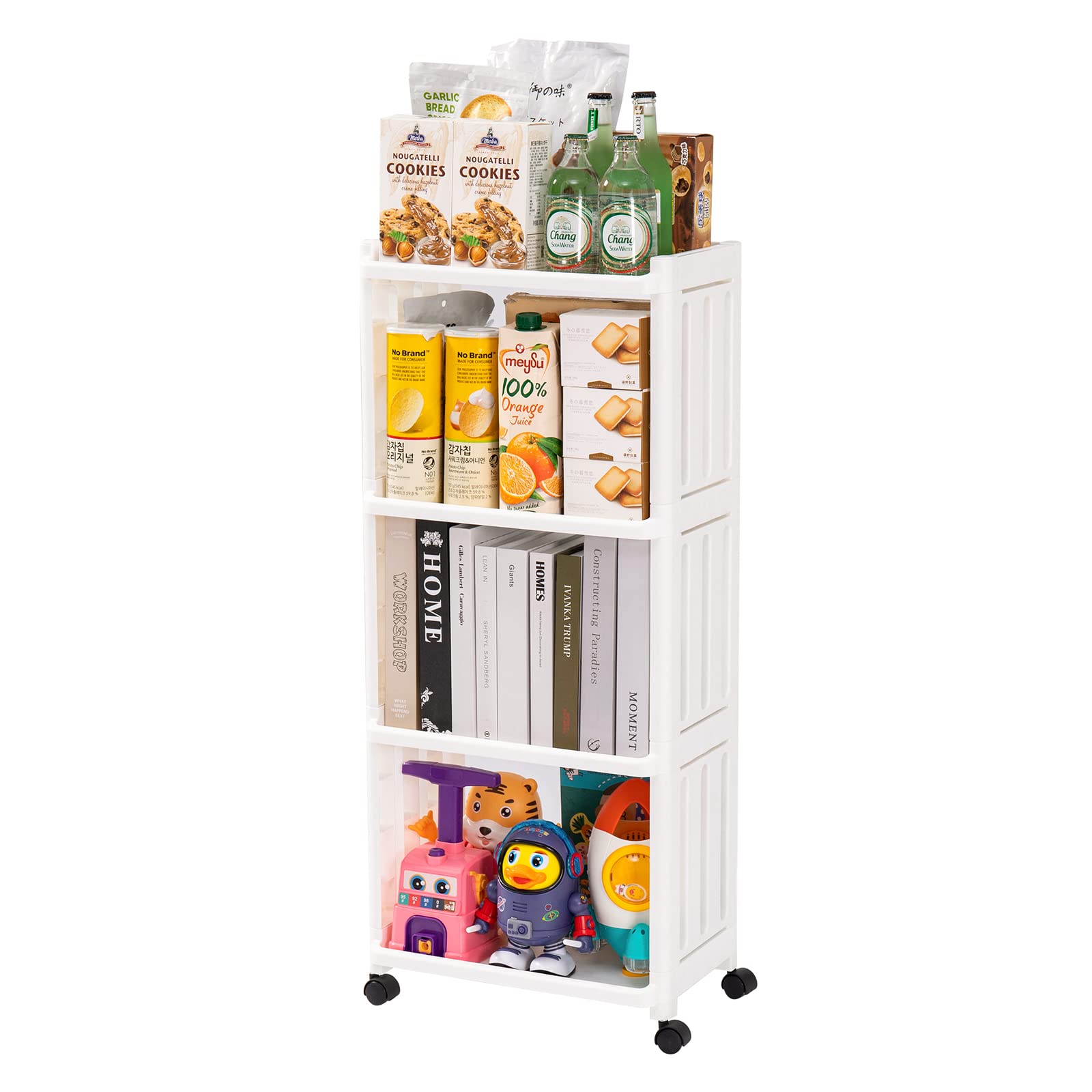 HAIXIN 4-Tier Plastic Utility Rolling Cart with Wheels, Mobile Storage Shelves Organizer, Snack Cart Organizer, Multi-Functional Storage Trolley for Kitchen, Bathroom, Living Room, Office, Dorm, White