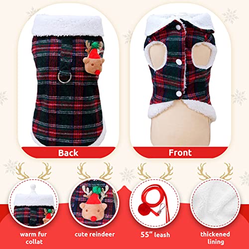 UETZLTB Christmas Dog Jacket Harness and Leash Warm Winter Windproof Puppy Fleece Coat Vest Cute Reindeer Plaid Pet Clothes for Small Medium Dogs Cats