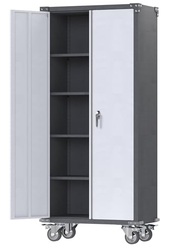 Reemoon Metal Storage Cabinet with Wheels, 71" Tall Garage Storage Cabinet with 5 Tier Shelves and Locking Doors, Rolling Tool Cabinet for Garage Home Office Utility Room