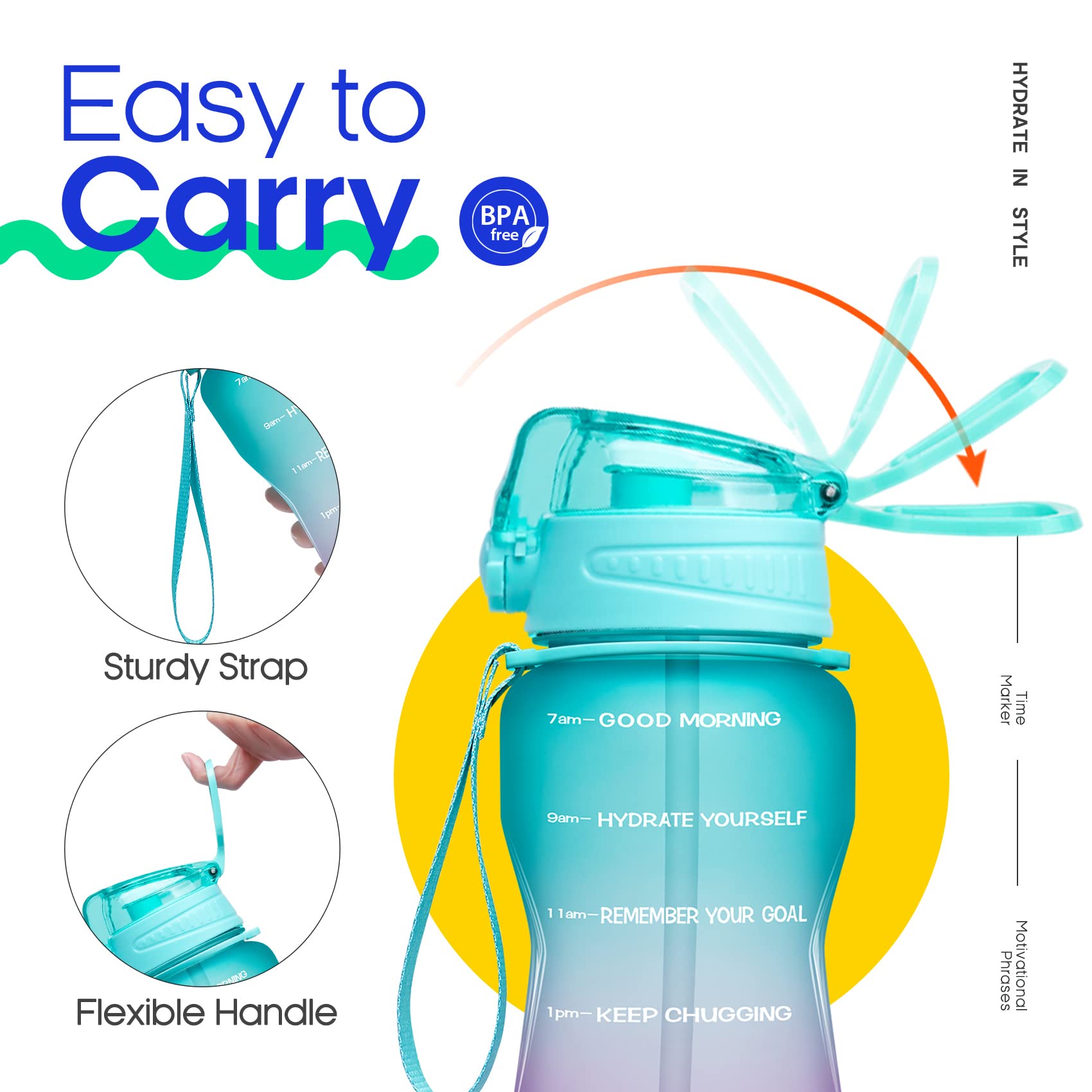 Giotto Large Half Gallon/64oz Motivational Water Bottle with Time Marker & Straw,Leakproof Tritan BPA Free Water Jug-Green/Purple Gradient