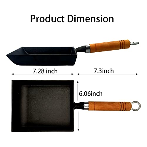 WSGSYYDS Tamagoyaki Japanese Omelette Pan Cast Iron with Wooden Lid, Square Japanese Egg Pan, Rectangle Tamago Pan with Spatula & Chopsticks 7” x 6” (Black)