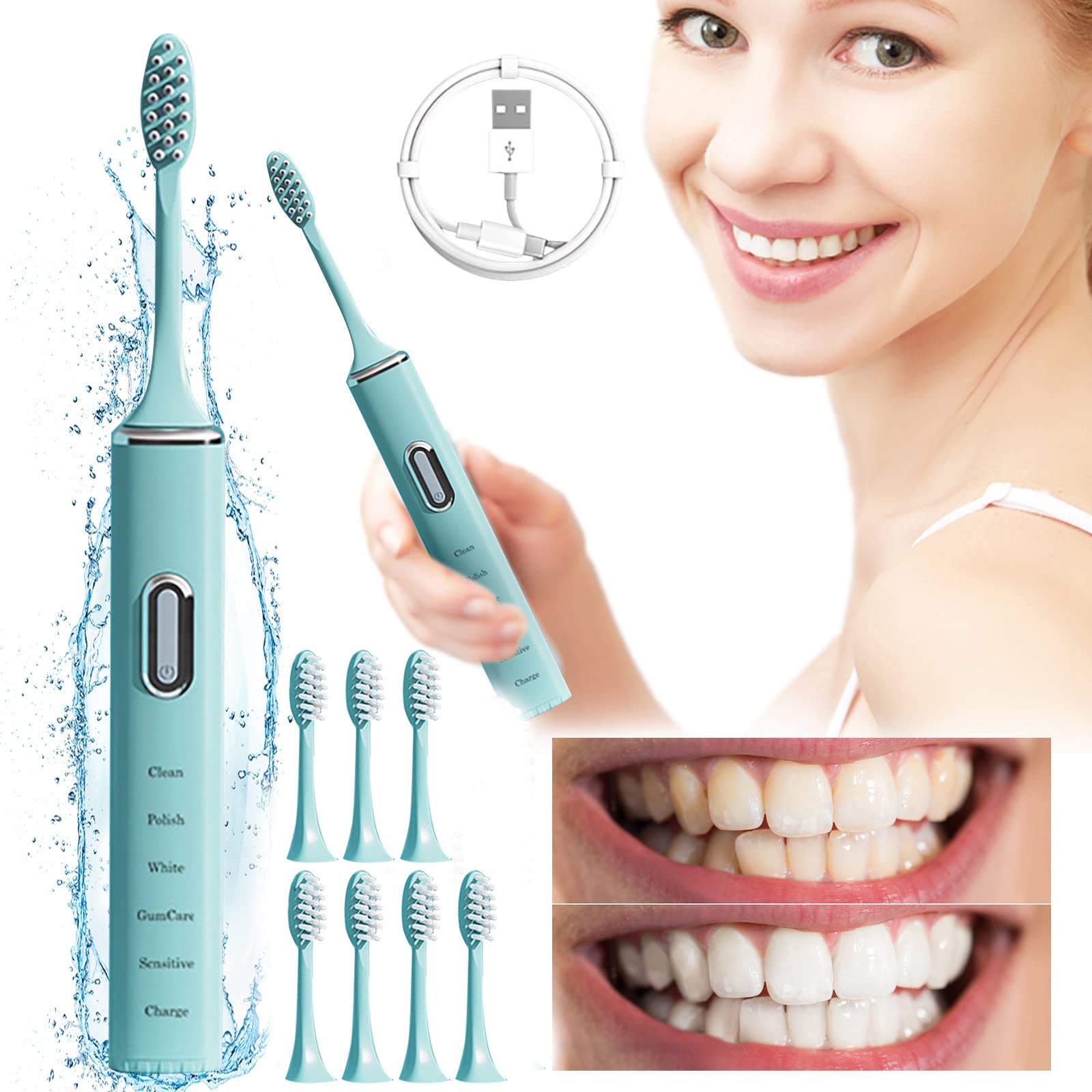 ZITIANY 5 Modes Sonic Electric Toothbrush, 7 Color Available Rechargeable Electric Toothbrush with 8 Brush Heads