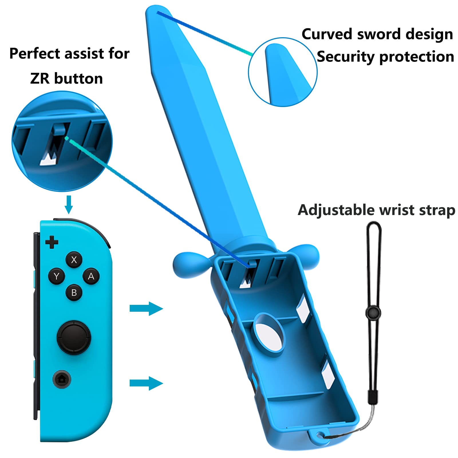 KUNSLUCK Sword Grip Accessories for Nintendo Switch Sports (Swordplay), Compatible with Switch/Switch OLED with Adjustable Wrist Strap, Blue/Red Combo (2 Pack)