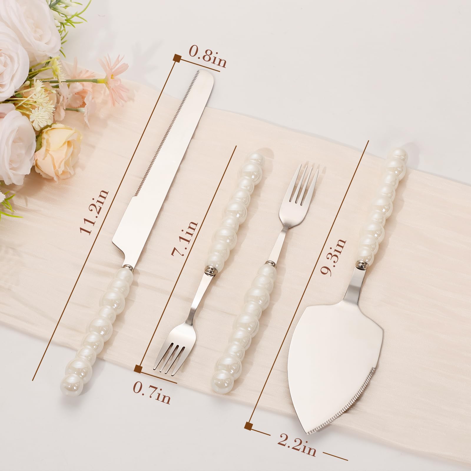 TUKDAK Pearl Wedding Cake Knife and Server Set with Forks, Cake Cutting Set with Stainless Steel Serrated Edges, Silver Pie Cutter Pizza Spatula, Gift for Bridal Couples Engagement (pearl 4pcs)
