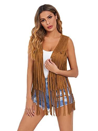Verdusa Women's Tassel Sleeveless Vest 70s Hippie Faux Suede Fringe Jacket Cardigan Brown L
