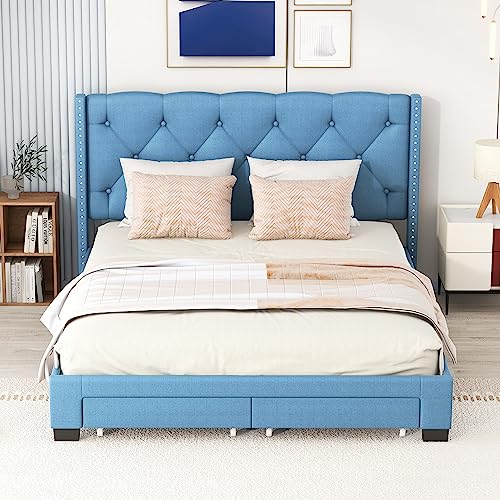 Queen Platform Bed with Headboard,Upholstered Linen Wood Bed Frame with Two Storage Drawers for Kids Girls Boys Teens Adults, No Box Spring Needed(Blue)