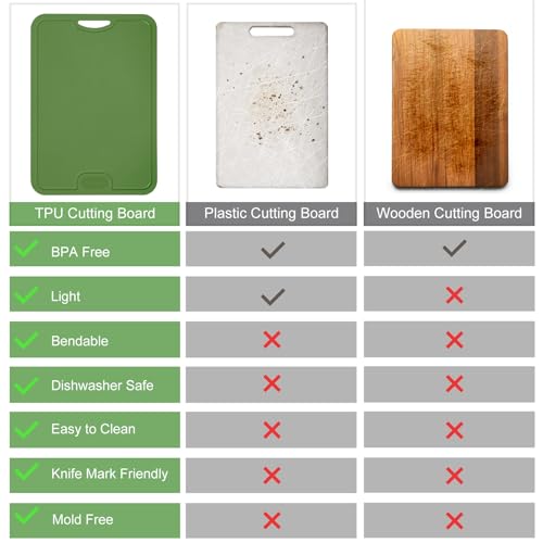 Gintan Flexible TPU Cutting Board with Knife and Juice Groove, BPA Free Flexible Chopping Boards for Kitchen Dishwasher Safe Easy Grip Handle(Dark Green)