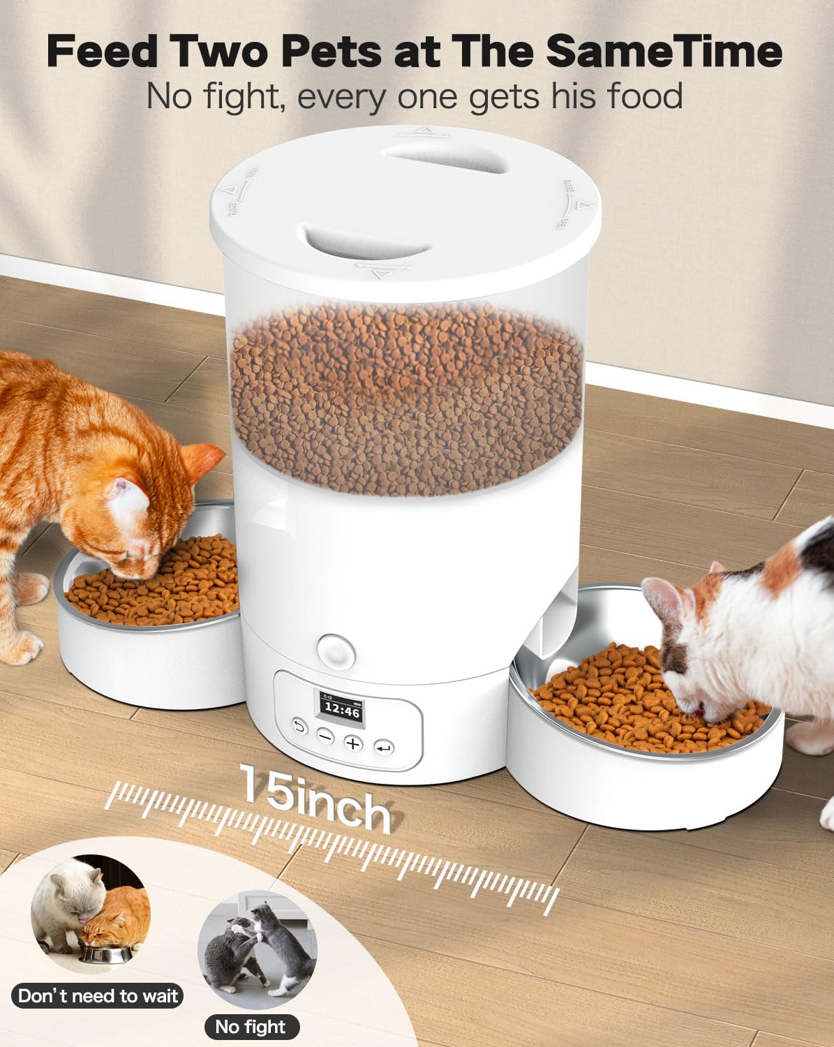 SURDY Automatic Cat Feeder for 2 Cats, 3L Cat Food Dispenser Auto Cat Feeder with 2 Stainless Bowls, 10s Meal Call Dual Power Supply and Timer Setting 12 Portions 6 Meals Per Day for Cats (White, 3L)