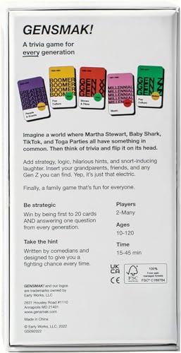 GENSMAK! Party Game - Engaging Multi-Generational Trivia Game with Comedic Hints - Fun for Family and Friends, Adults and Teens - Ages 10+, 2+ Players, 10+ Min Playtime