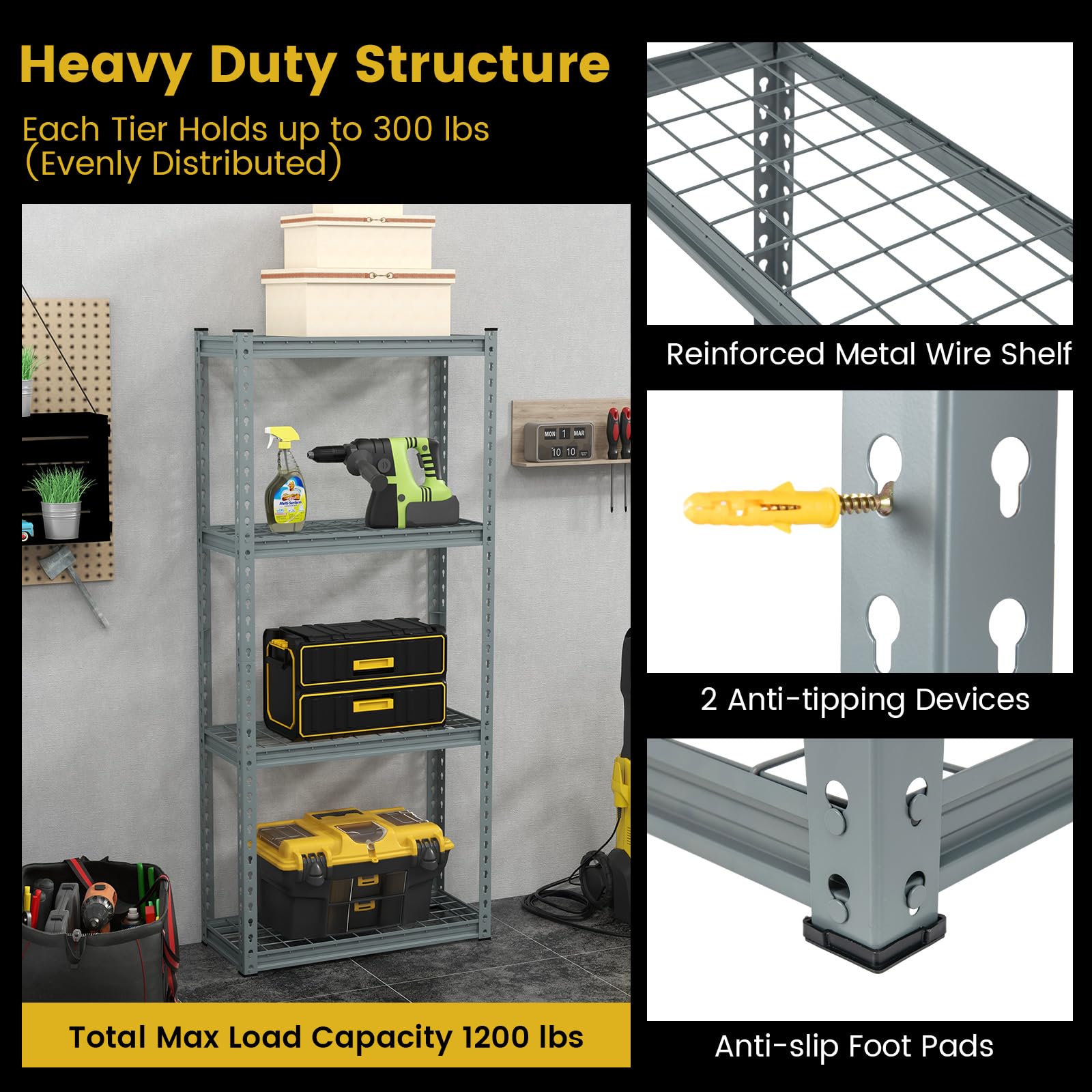 Tangkula 4-Tier Garage Storage Shelves, Heavy Duty Metal Storage Shelving Unit, Adjustable Utility Storage Rack Organizer for Warehouse Kitchen Pantry Basement, 27.5" L x 12" W x 60" H (1, Gray)