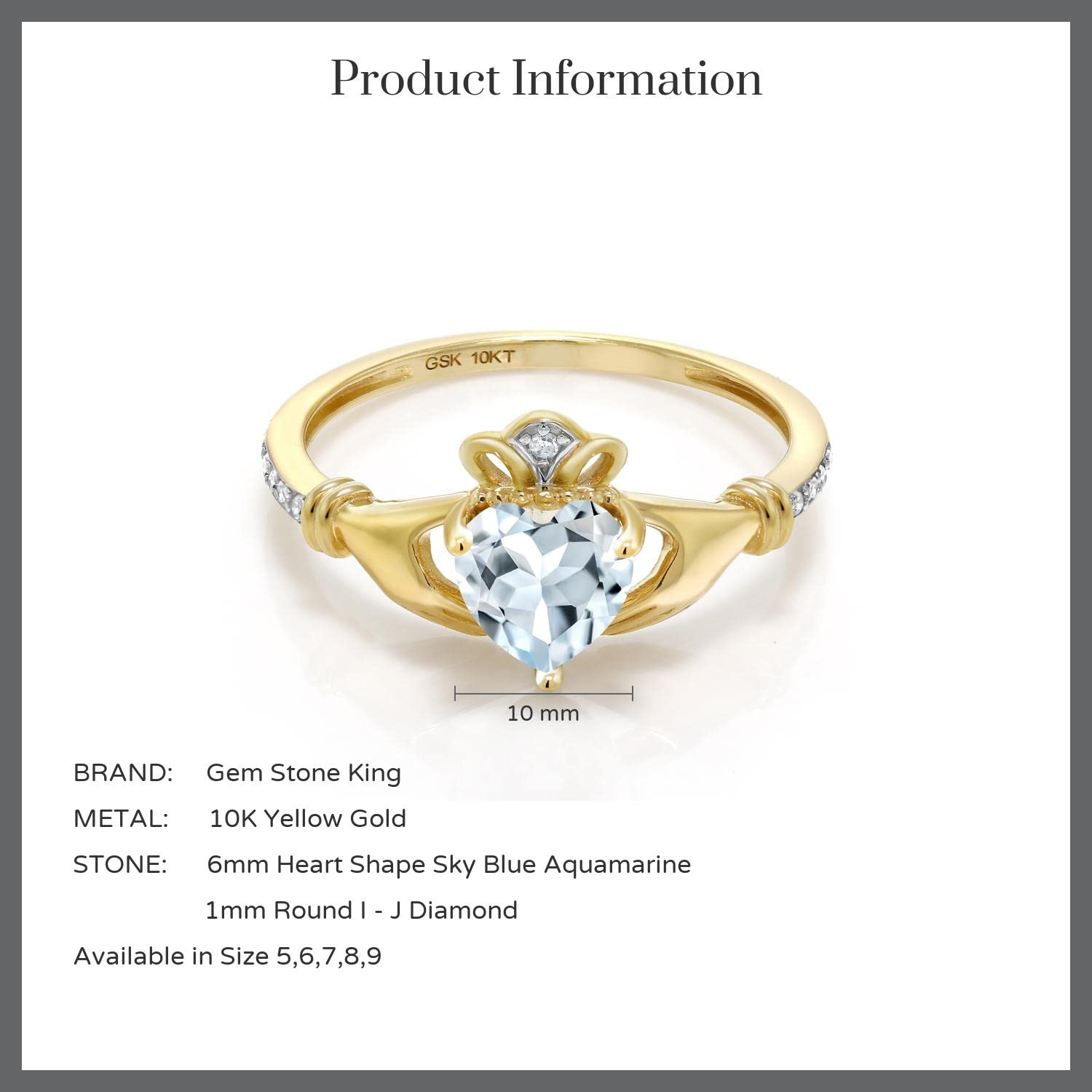 Gem Stone King 10K Yellow Gold Irish Celtic Claddagh Sky Blue Aquamarine and Diamond Accent Ring For Women (0.73 Cttw, Available in size 5, 6, 7, 8, 9)