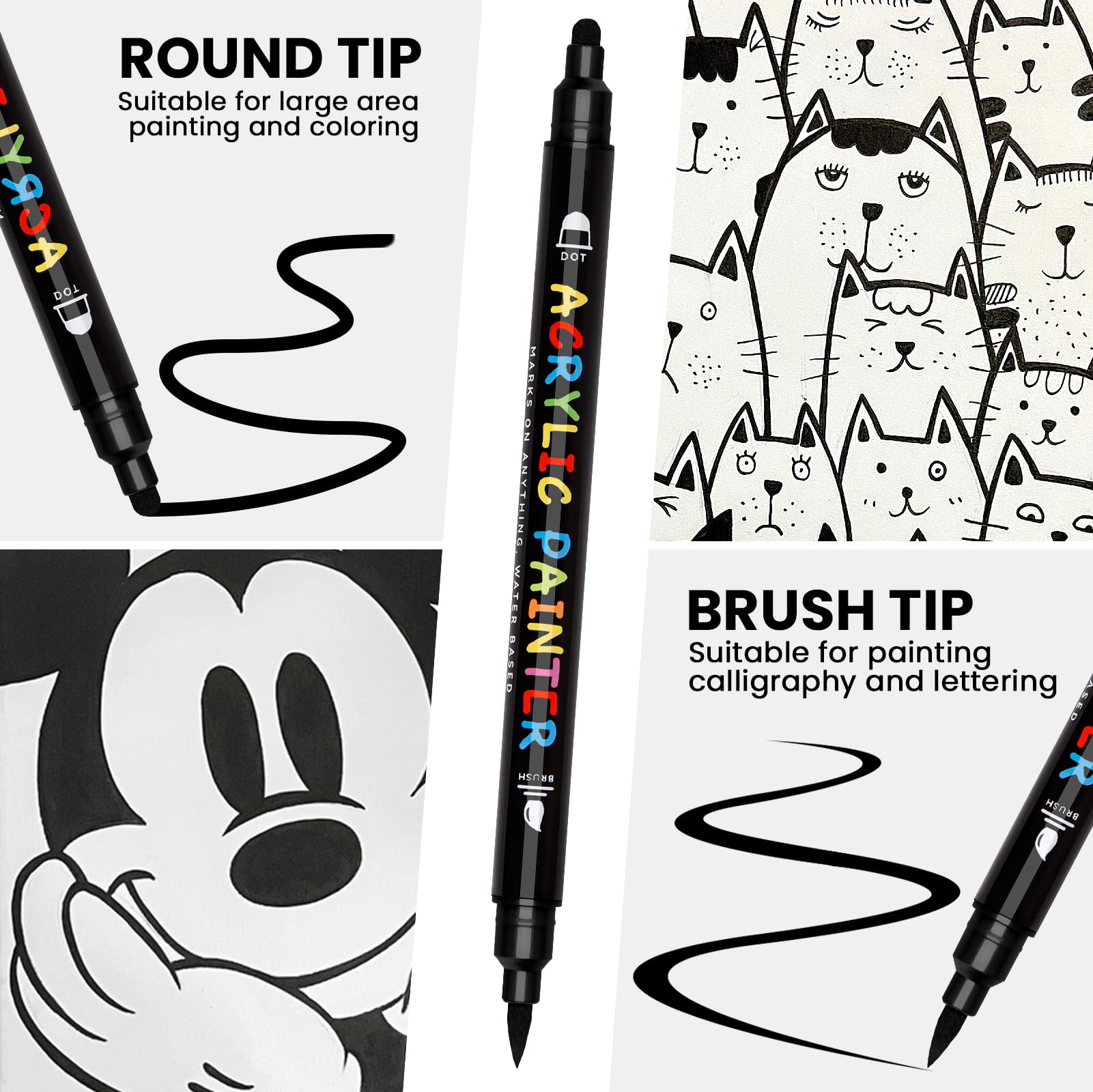 Tesquio Black and White Paint Marker, 8 Pack Dual Tip Acrylic Paint Pens with Medium Tip and Brush Tip, Ideal for Wood, Rock Painting, Canvas, Stone, Glass, Ceramic