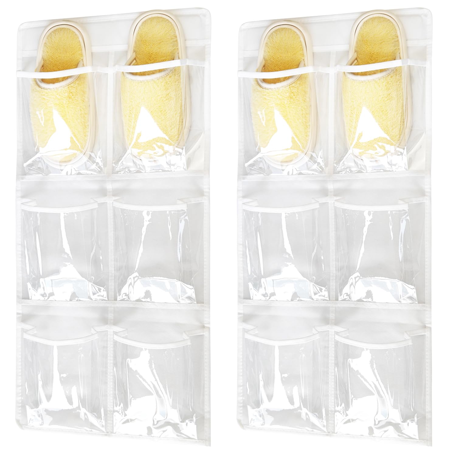 TidyMaster 2 Pack 6 Clear Crystal Pockets Large Hanging Shoe Organizer Over The Door Shoe Rack for Closet Door Storage Shoe Holder Hanger, 4 Hooks, White (30'' x 13.8'')