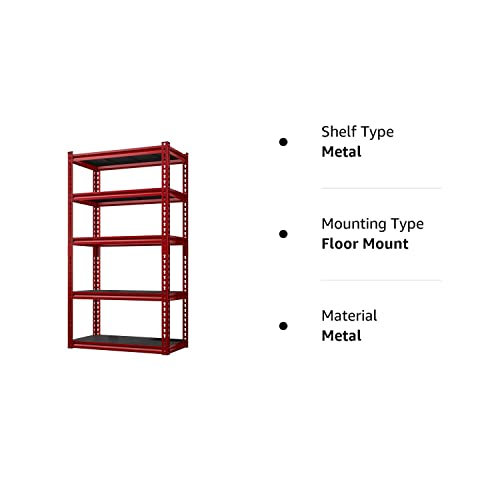 REIBII Garage Shelving Heavy Duty 72" Garage Storage Shelves 5 Tier Adjustable Heavy Duty Shelving 1750LBS Metal Storage Shelving Unit for Basement Garage Storage Rack 72"H x 16.8"D x31.8"W Red Black