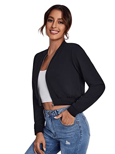 SweatyRocks Women's Casual Long Sleeve Solid Zip Up Coat Crop Bomber Jacket Black M
