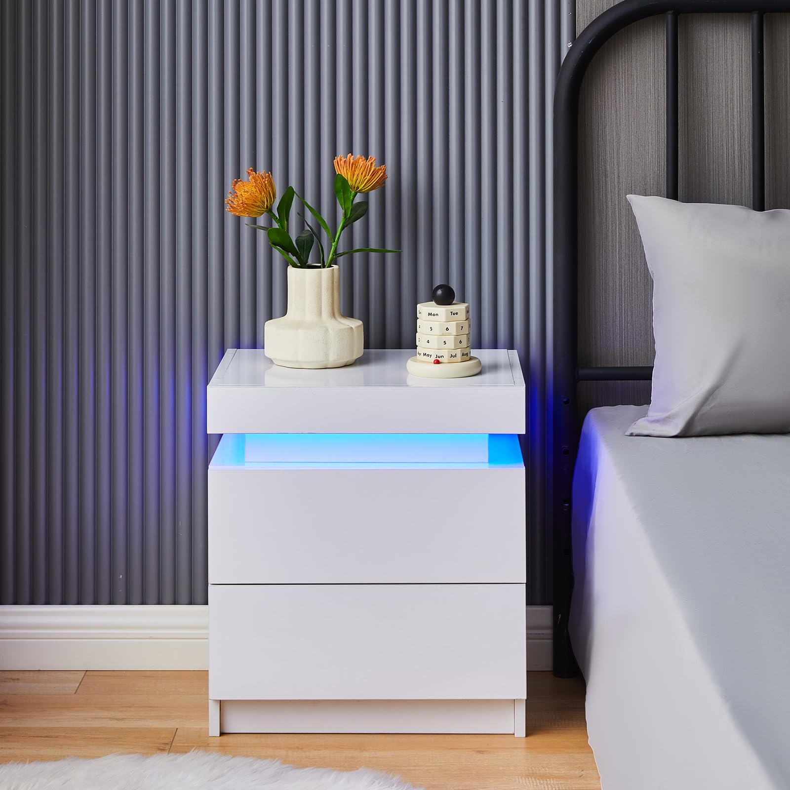 OFCASA Nightstand Set of 2 with LED Light Modern Bedside Table with 2 High Gloss Drawers Smart Night Stand for Bedroom and Living Room(White)
