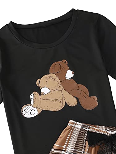 SweatyRocks Women's 2 Piece Pajama Set Graphic Short Sleeve Tee Shirt and Cute Plaid Shorts Black Brown Large