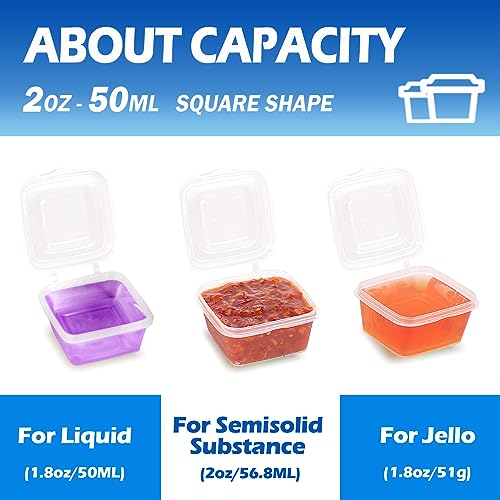 RIKICACA 2 oz Plastic Containers with Lids (200pack), Disposable Condiment Containers with Lids, Portion Cups with Lids, Condiment Cups, Jello Shot Cups, Souffle Cups, (Square)