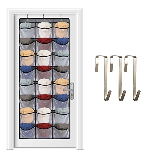 RELBRO Over the Door Hat Rack, Door Baseball Caps Hat Organizer with 24 Large Clear Elastic Mesh Pockets Hat Holder Storage Hat Display Rack with 3 Over Door Hooks - Grey