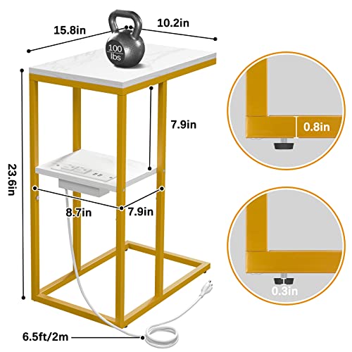 Yoobure C Shaped End Table with Charging Station, Small Side Tables for Living Room, Bedroom, Sofa Table with USB Ports and Outlets for Small Spaces, C Couch Table Rustic Snack Table Bed Side Table