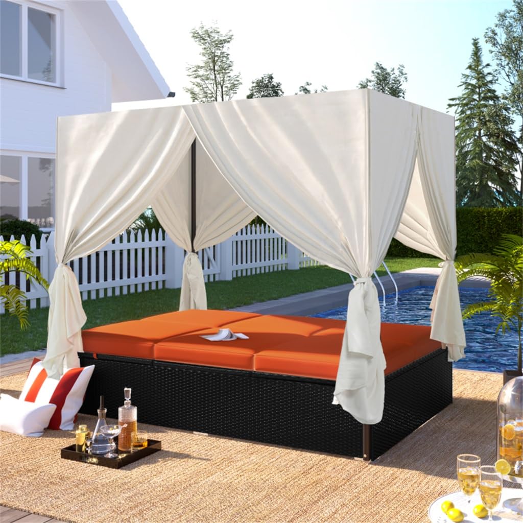 FZZDP Outdoor Patio Wicker Sunbed Daybed with Cushions, Adjustable Seats