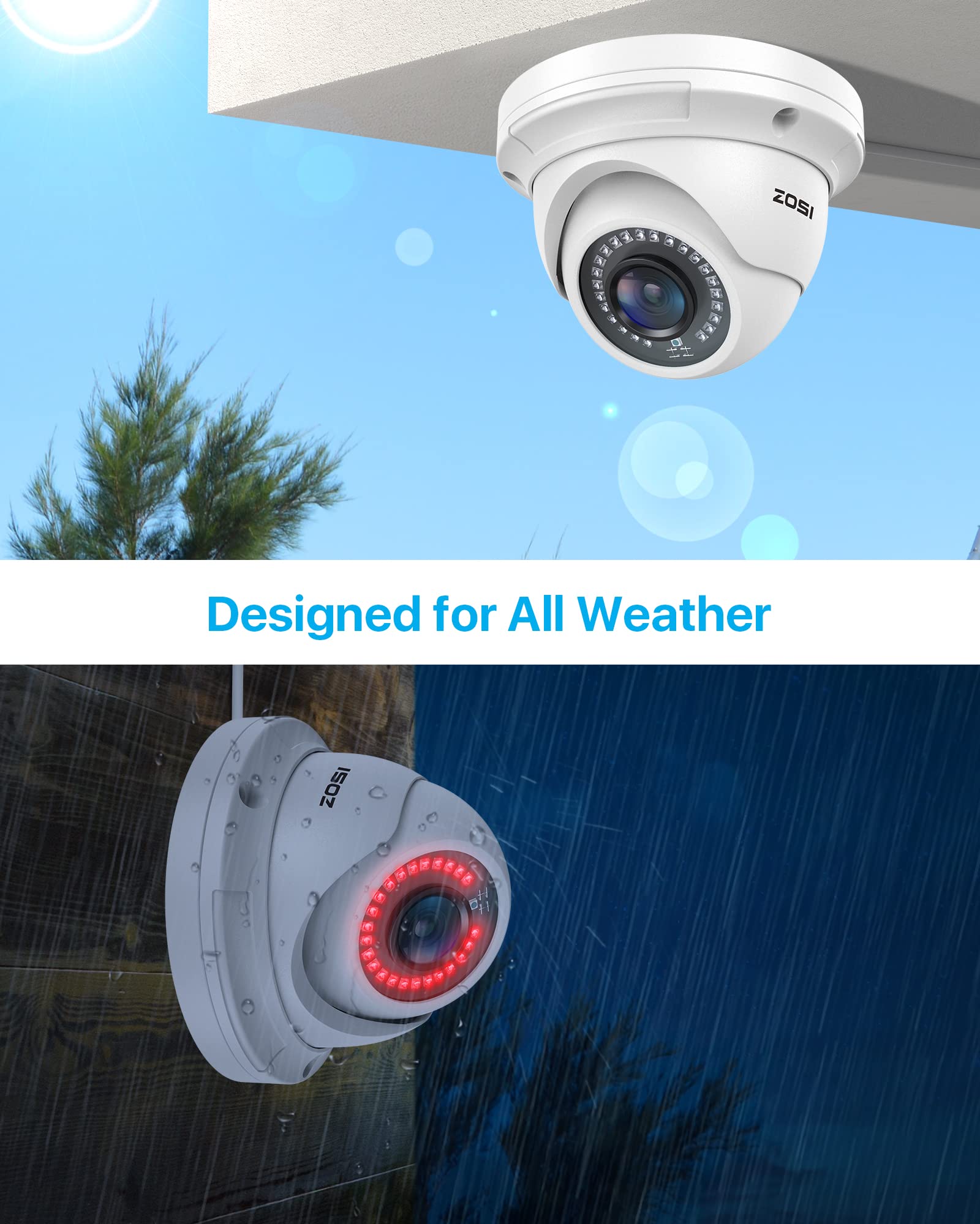 ZOSI 4PK 5MP Add-on POE IP Security Camera with Etherent Cables PoE Dome Camera with Night Vision,IP66 Weatherproof, Compatible with ZOSI 4K/5MP NVR(Model:ZR08EN,ZR08DN,ZR08PN,ZR16DK)