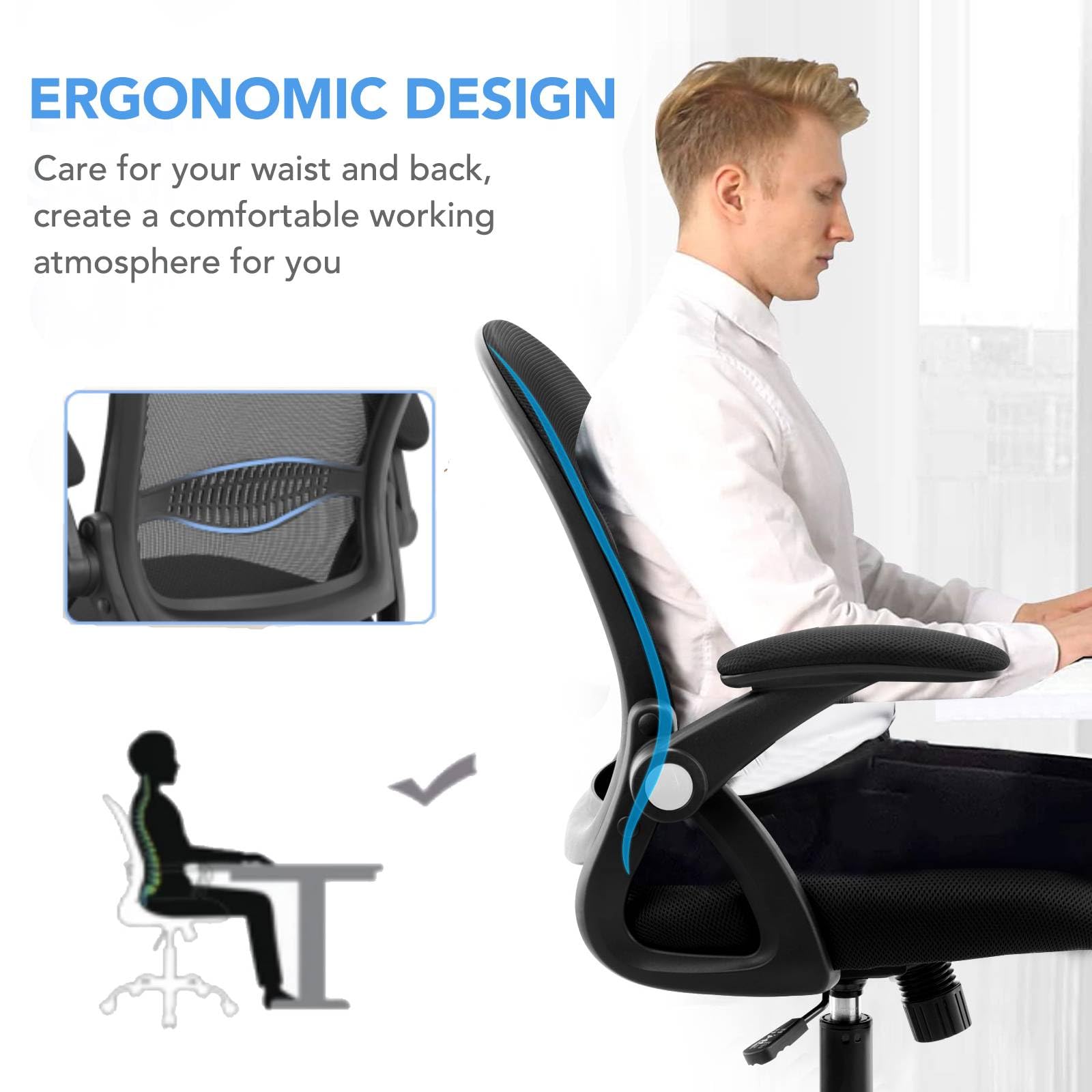 Office Desk Chair, Ergonomic Mesh Office Task Chairs, Mid-Back Computer Desk Chair with Wheels, Flip-up Arms Comfortable Lumbar Support for Home Study, Black