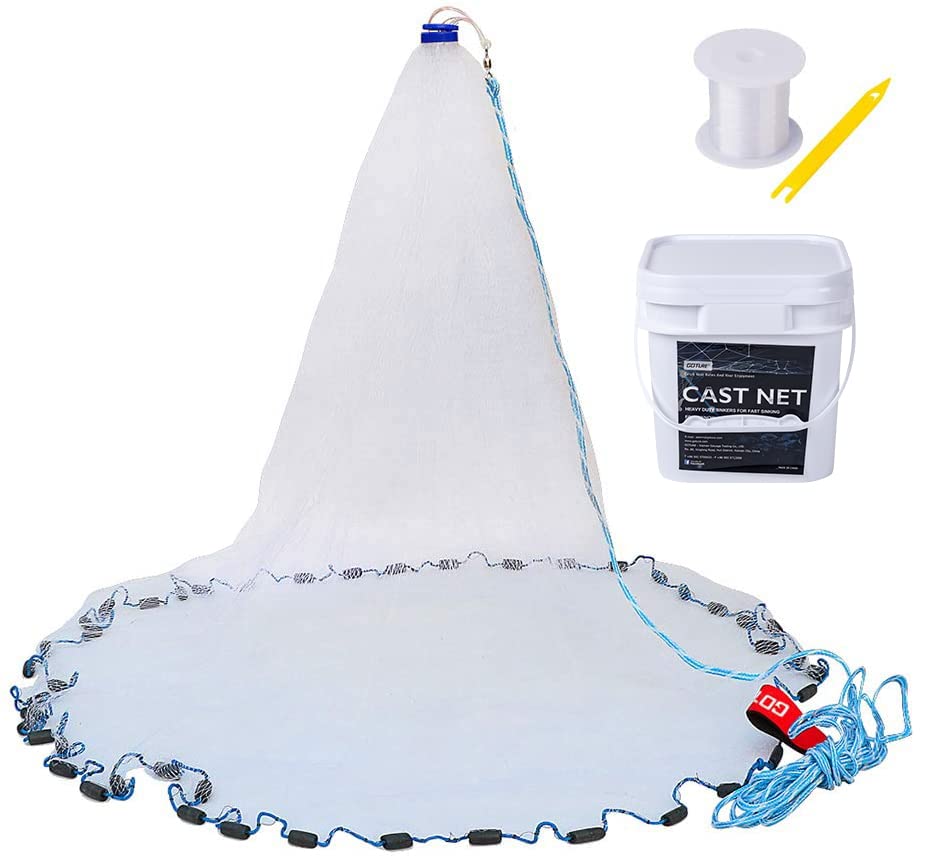 Goture American Fishing Cast Net,Casting Net Freshwater Saltwater for Bait Fish Shrimp Trap 3ft/4ft/6ft/7ft/8ft/10ft/12ft Radius 1/4 3/8inch Mesh Size,Throw Fishing Castnet with Needle Shuttle