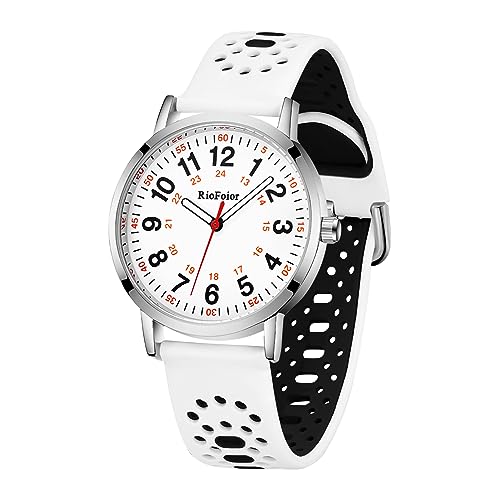 RioFoior Nurse Watch for Nurse,Nursing Student,Medical Professionals,Doctors,with Variety Colors,Second Hand and 24 Hour,Easy to Read Waterproof Watch(White-Black)