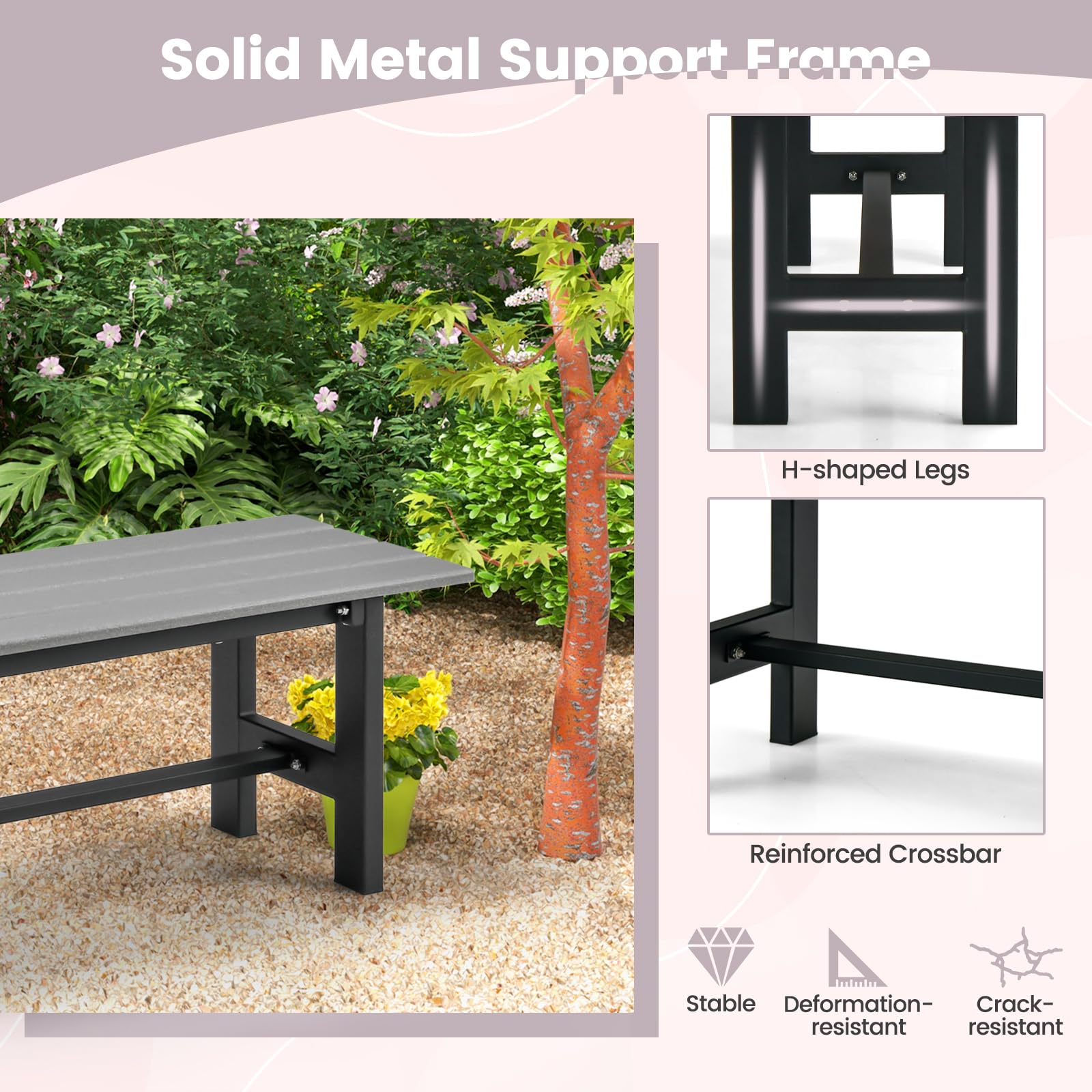 Tangkula 47” Outdoor Garden Bench, 2-Person Patio Park Bench with HDPE Slatted Seat & Metal Frame, 660 LBS Capacity, Rectangular Outdoor Dining Bench for Yard, Garden, Balcony, Entryway (2, Gray)