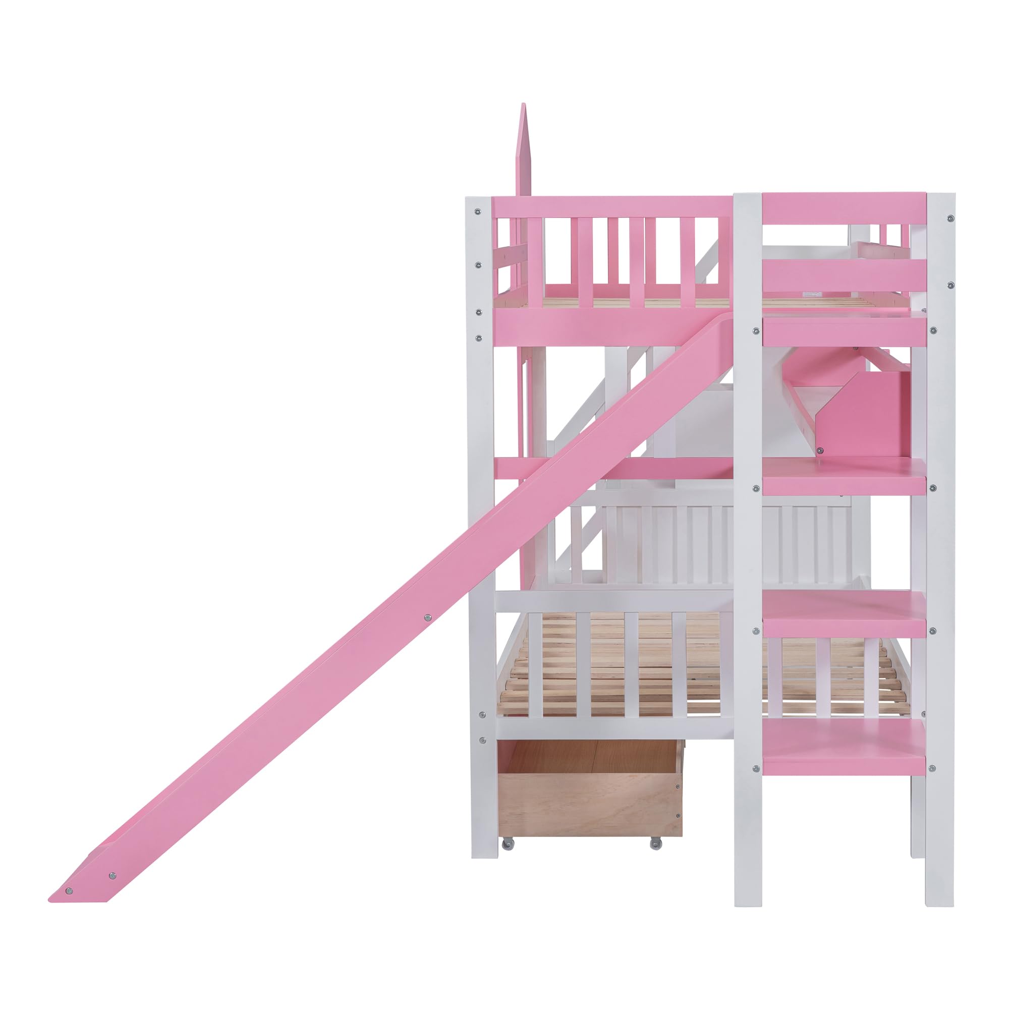 SOFTSEA Twin Over Twin Bunk Bed with Storage and Drawers for Kids Boys Girls Solid Wood Bunk Bed with Slide and Staircase