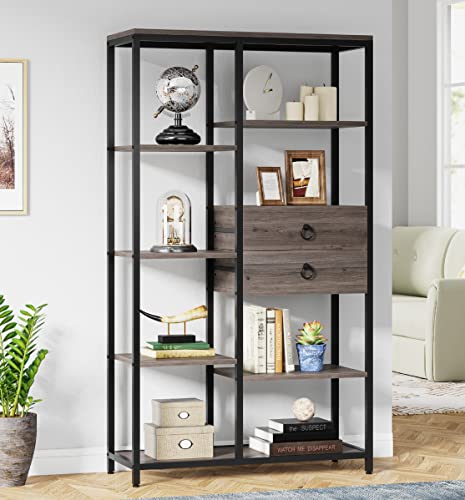 Tribesigns Bookshelf, Tall 5 Shelf Etagere Bookcase with 2 Drawers, 5 Tier Wood Open Bookshelf Displayshelf Decorative Shelves for Living Room Bedroom, Black & Gray