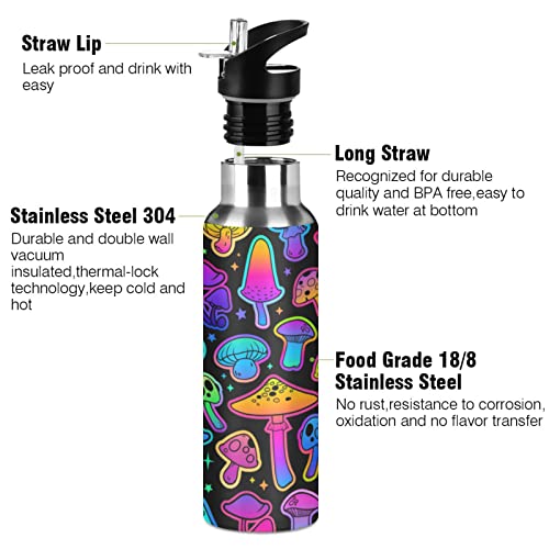 Oarencol Colorful Mushrooms Water Bottle Rainbow Star Stainless Steel Vacuum Insulated with Straw Lid 20 Oz