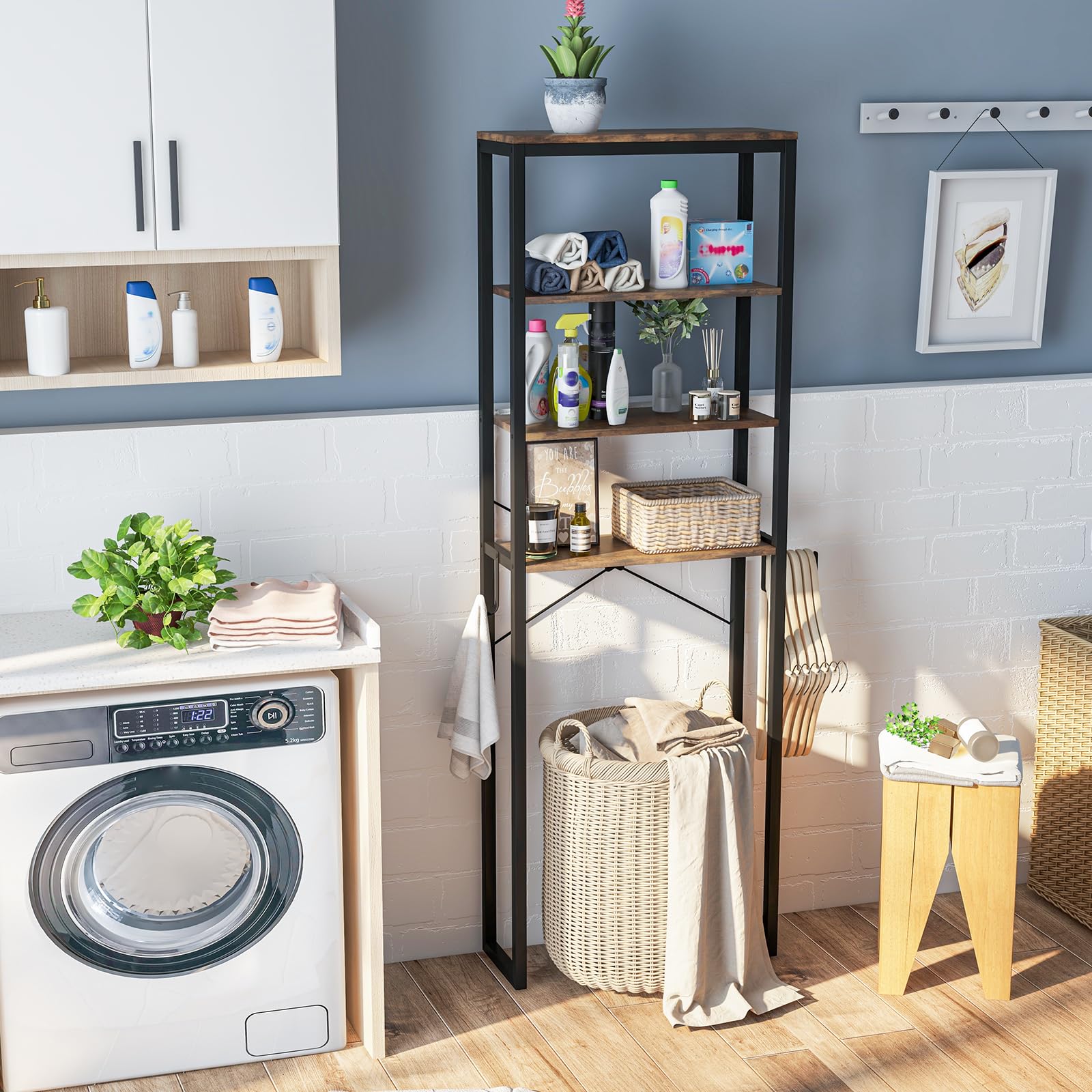 Tangkula Over The Toilet Storage Rack, 70 Inch Tall Bathroom Space Saver w/Metal Frame, Anti-Tipping Devices & Adjustable Feet Pads, Freestanding Bathroom Organizer Above Toilet, Rustic Brown