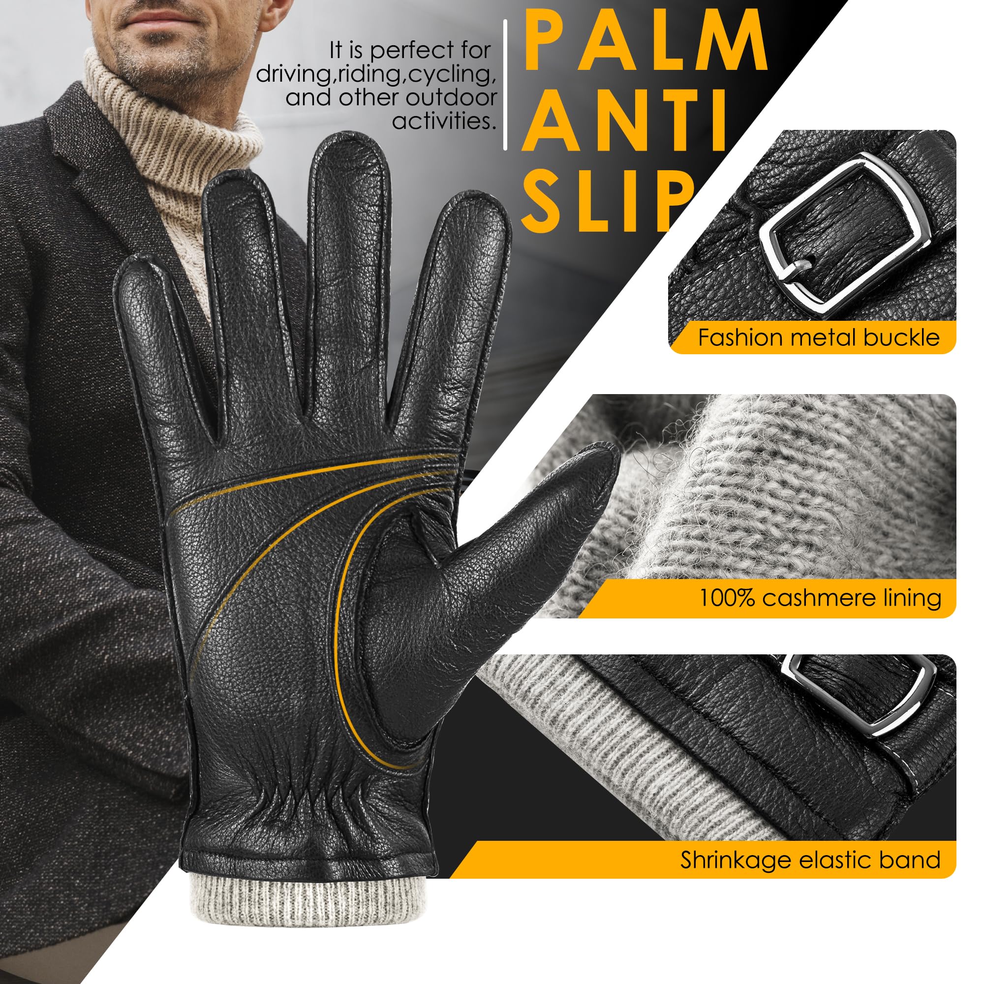 Genuine Sheepskin Leather Gloves for Men, Winter Warm Touchscreen Texting Driving Motorcycle Cashmere Lined Gloves (Black, XXL)