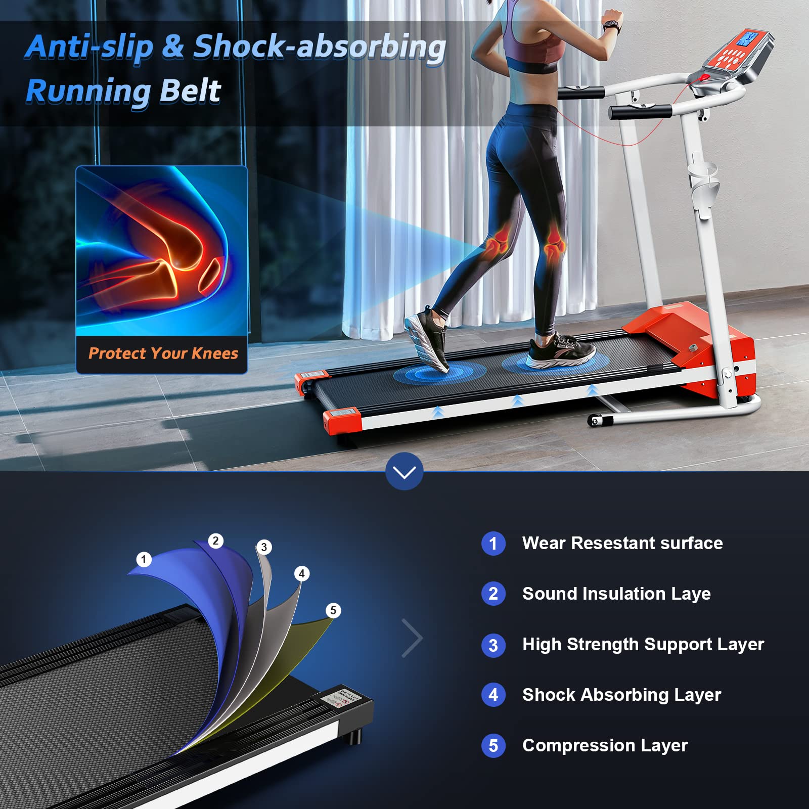Foldable Treadmill Electric Running Machine: Folding Walking Pad 12 Program Portable Compact Quiet Jogging Run Treadmills for Home Apartment Commercial Small Spaces Adult Seniors Obese People Exercise