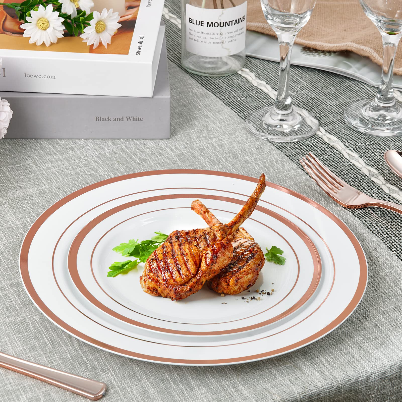 HONOVA 100Pack Plastic Plates-50 Dinner Plates and 50 Salad Plates, Heavy Duty Plastic Plates with Rose Gold Rim for Party, Wedding, Dinner